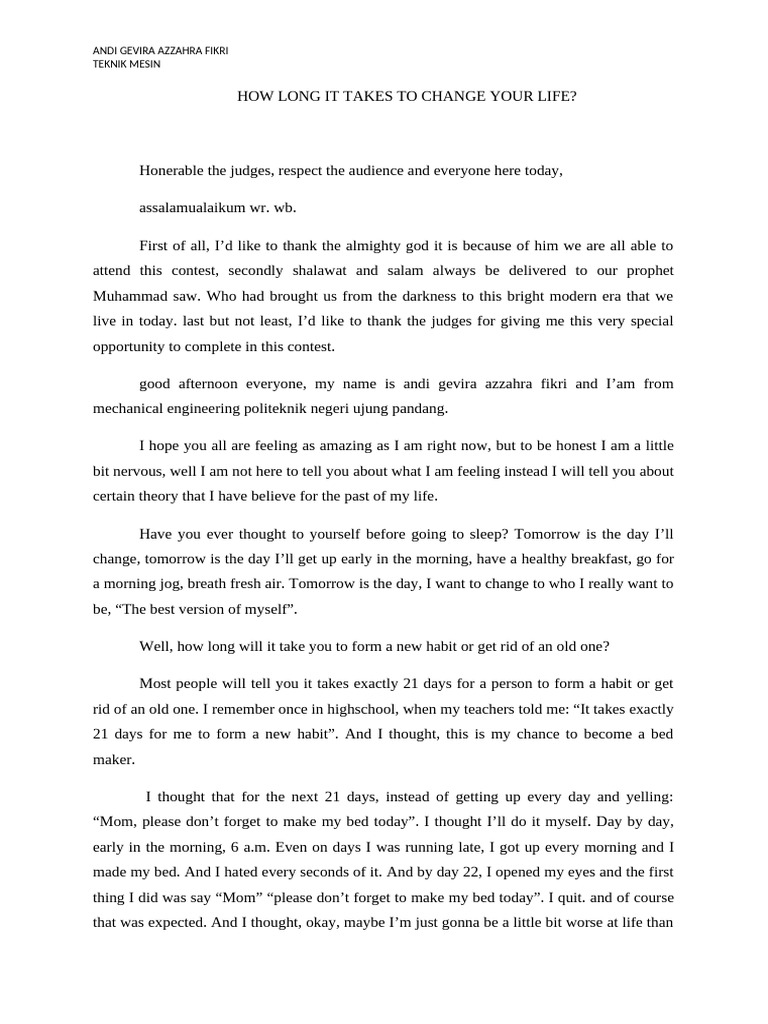 HOW LONG IT TAKES TO CHANGE YOUR LIFE - Teks Speech | PDF