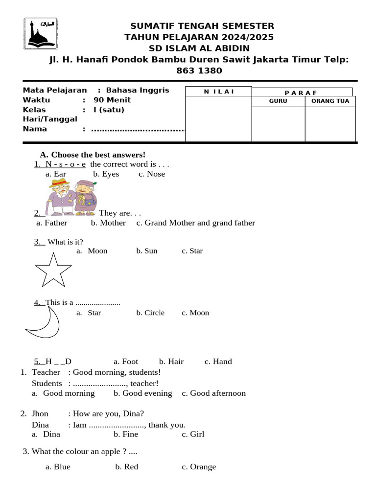 SUMATIF TENGAH SEMESTER Kls 1 | PDF