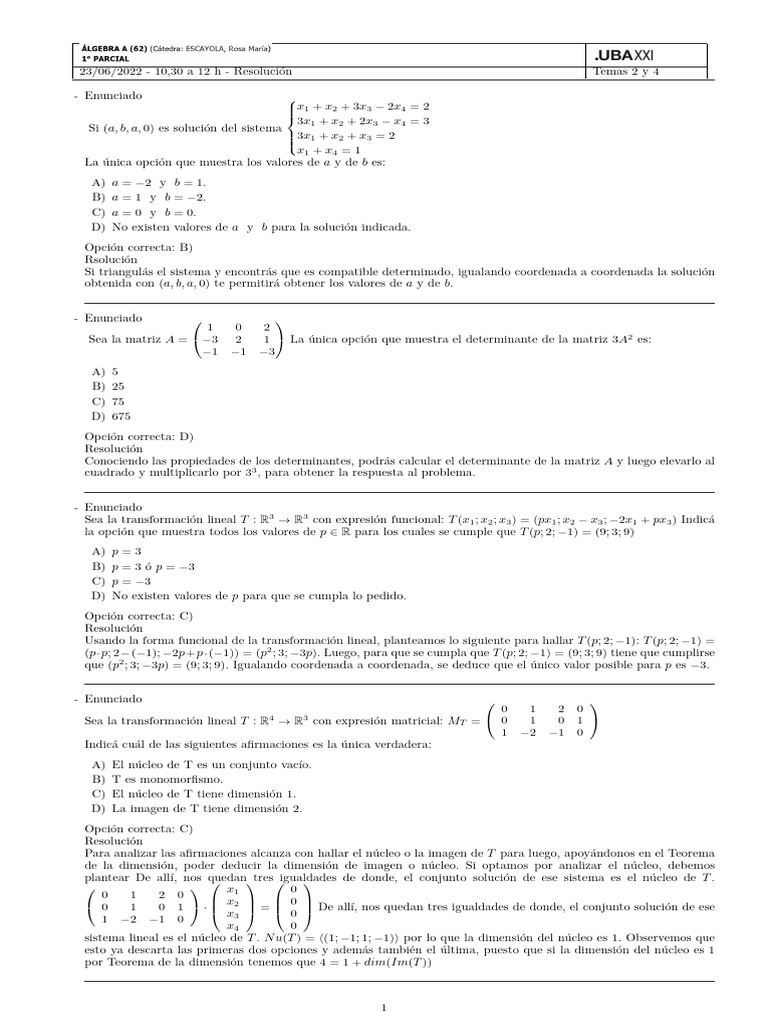 23 Jun 2022 10 30h T2 T4 RESUELTO | PDF | Mapa lineal | Determinante