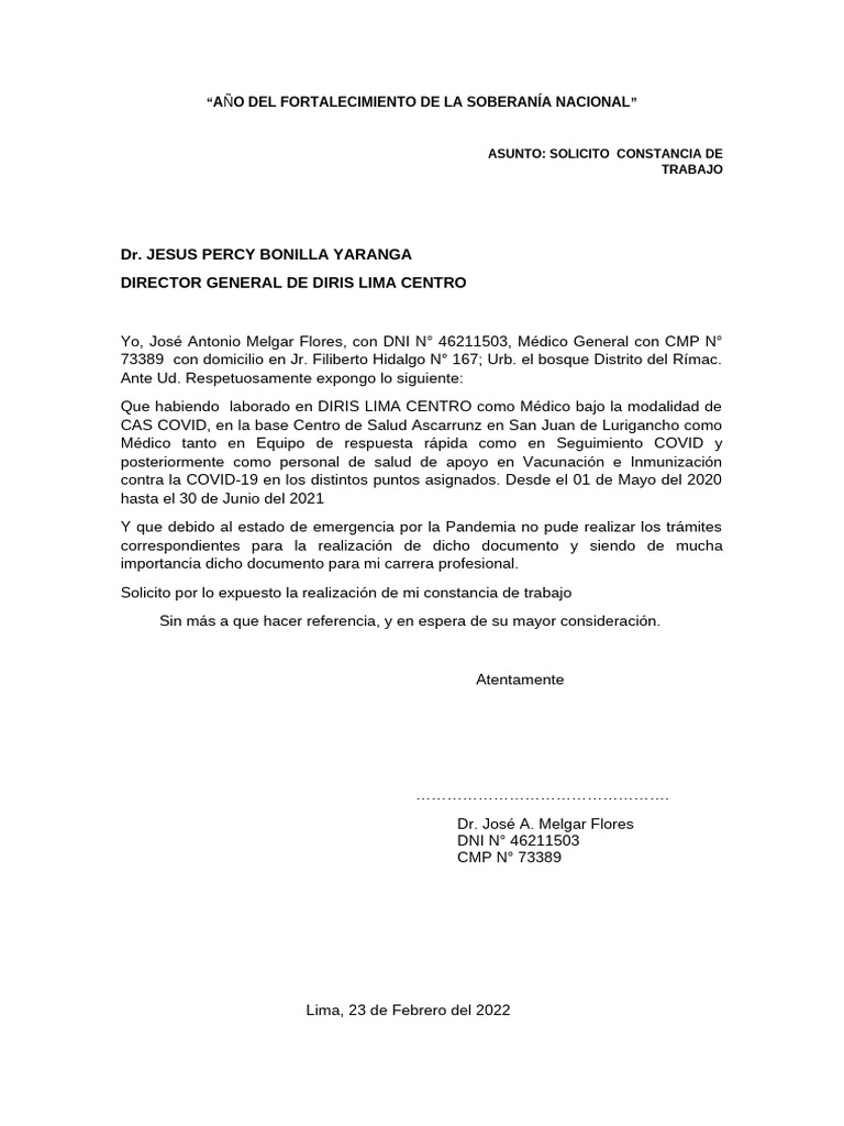 Solicitud de Constancia de Trabajo Diris LC 2022 | PDF