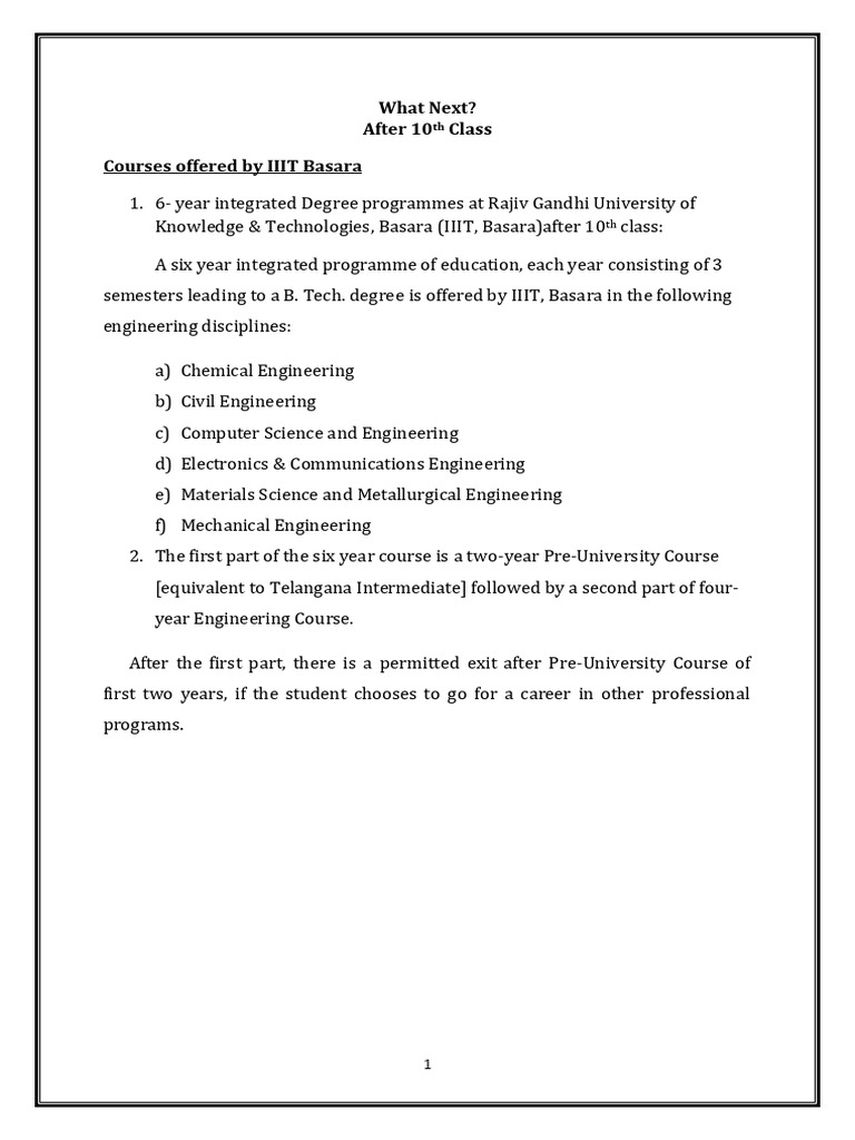 IIIT Basara Courses After 10th Class | PDF