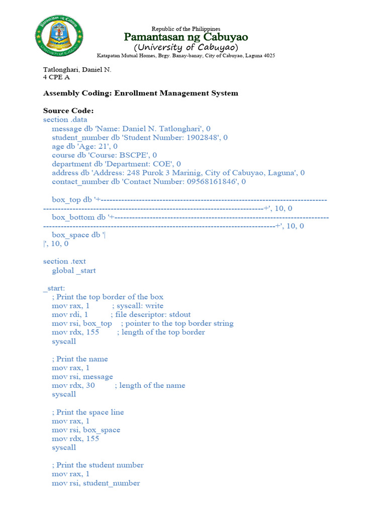 Tatlonghari - Assembly Coding Enrollment Management System | PDF | Software Development | Software