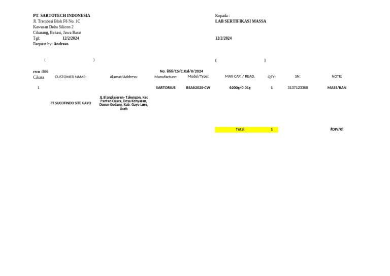 Mass Certification Request for Sartorius BSA6202S-CW | PDF