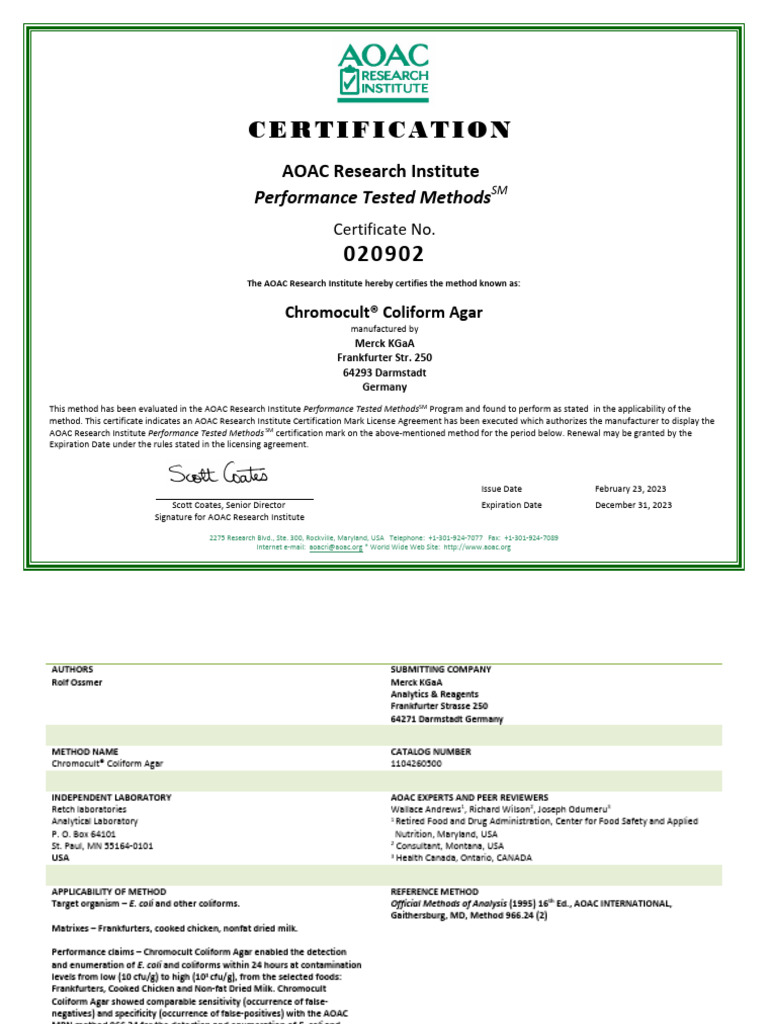 AOAC Certificate 23C - 020902 Chromocult Coliform Agar - AOAC Cert2023 ...