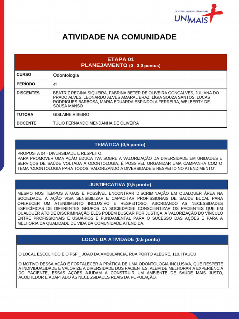 TDE2Planejamento - Atividade Na Comunidade - UniMais | PDF | Odontologia