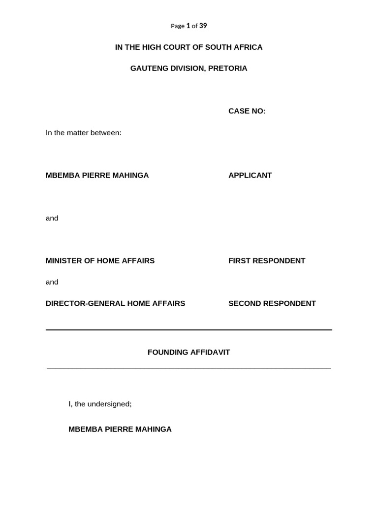 Founding Affidavit - Mbemba Pierre Mahinga | PDF | Naturalization ...