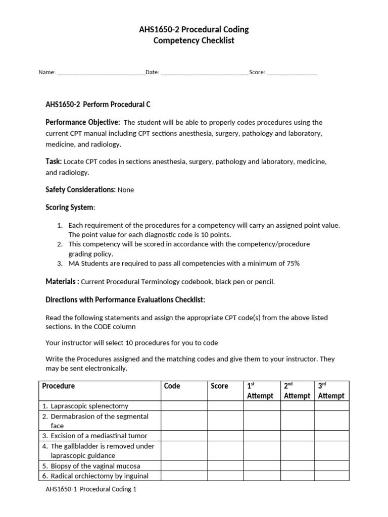 AHS1650-2 Procedural Coding Competency Checklist | PDF | Surgery | Anesthesia