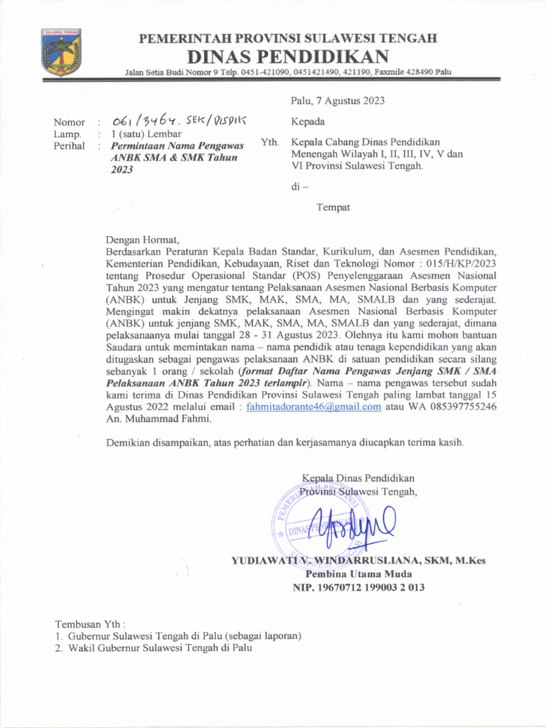 Surat Permintaan Nama Pengawas ANBK SMA & SMK Tahun 2023 | PDF
