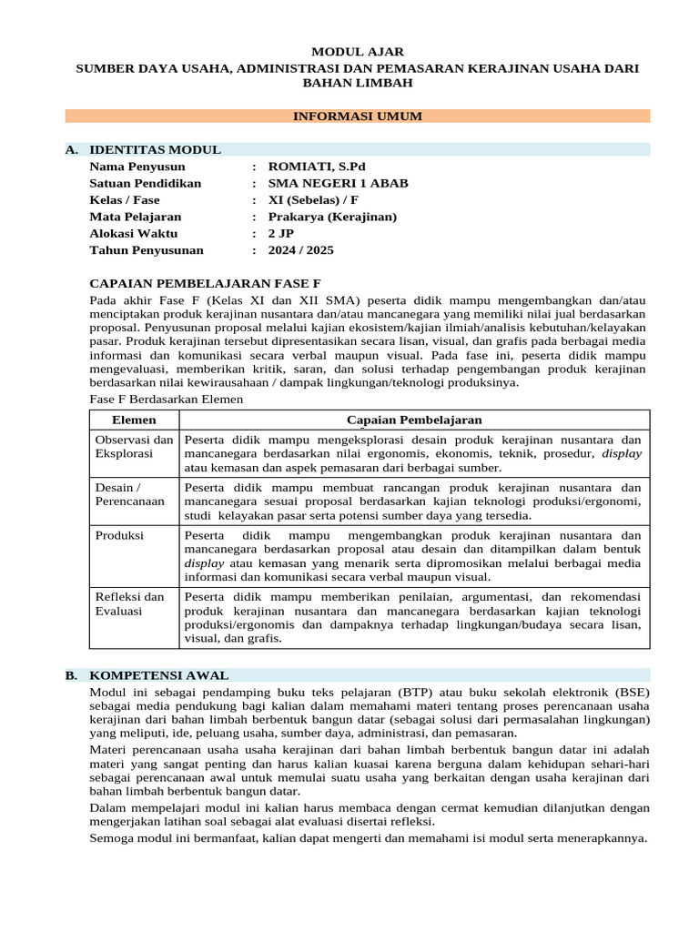 MODUL PKWU Kerajinan Kelas 11 1.2 | PDF