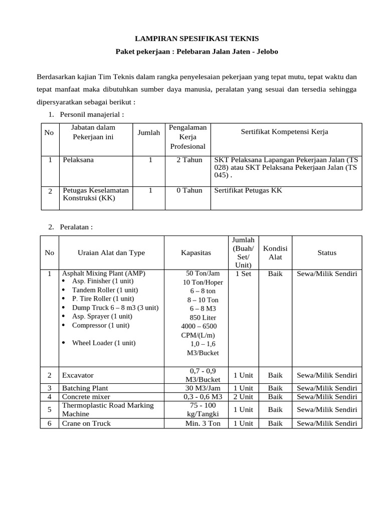 LAMPIRAN SPESIFIKASI TEKNIS Jaten Jelobo | PDF