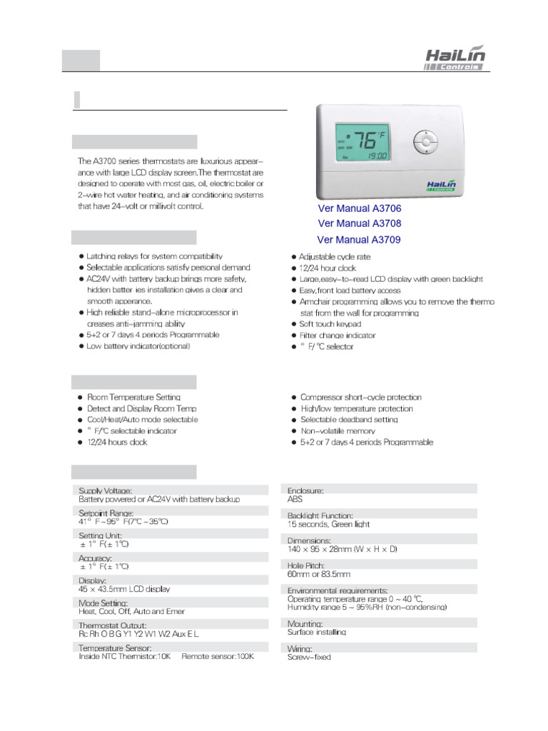 A3700 Thermostat Specs & Manuals | PDF