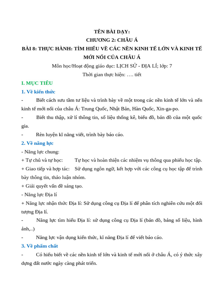 KNTT Bai 8 Thuc Hanh Tim Hieu Ve Cac Nen Kinh Te Lon Va Kinh Te Moi Noi Cua Chau A | PDF