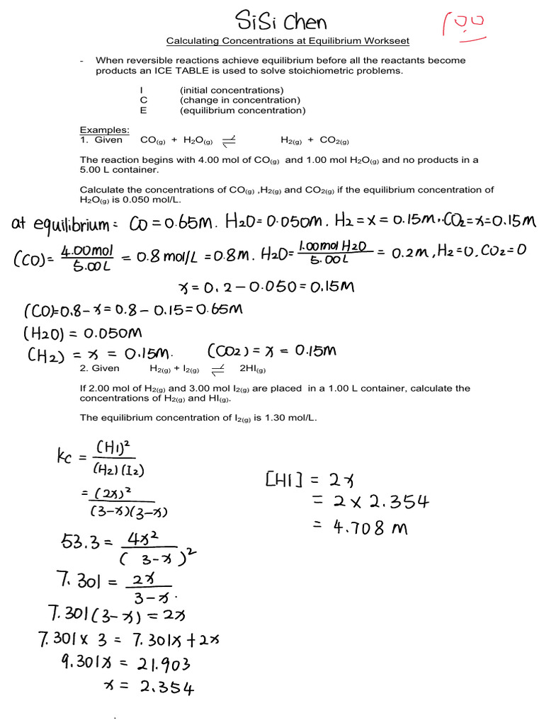 Unit 4 - Activity 12 - Calculating Concentrations at Equilibrium Worksheet | PDF