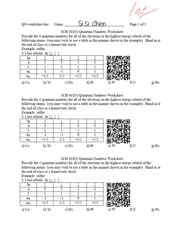 Unit 2 - Activity 6 - Quantum Numbers Worksheet | PDF | Atomic Orbital ...