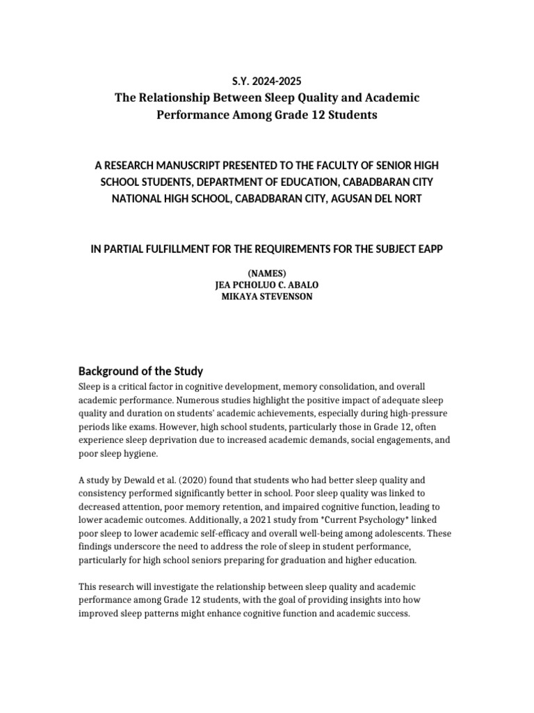The Relationship Between Sleep Quality and Academic Performance Among Grade 12 Students | PDF ...