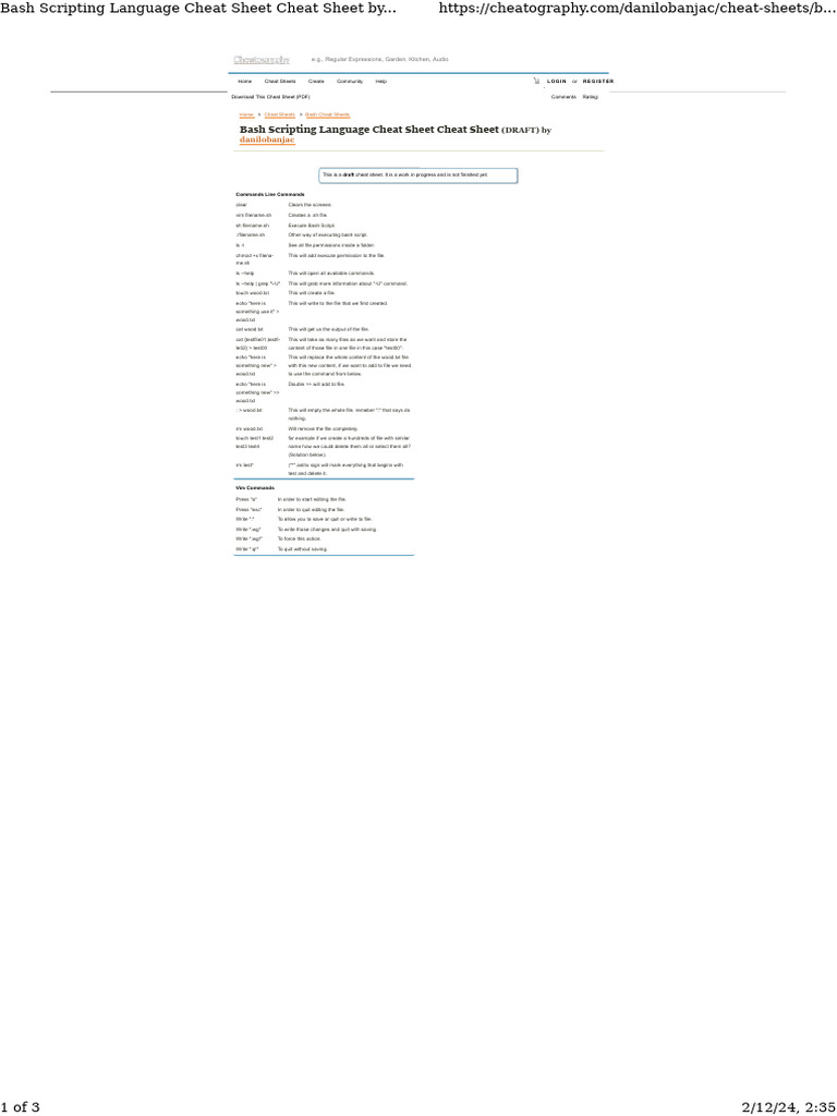 Bash Scripting Language Cheat Sheet Cheat Sheet by Danilobanjac - Download Free From ...