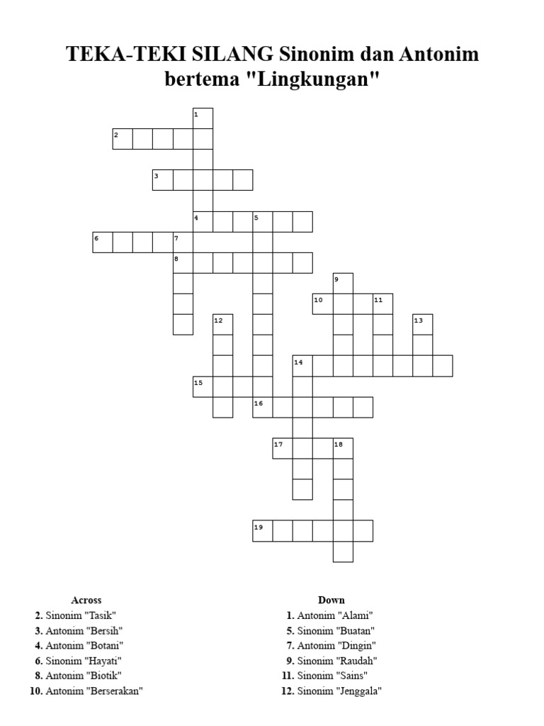 Teka Teki Silang Sinonim Dan Antonim Bertema Lingkungan | PDF