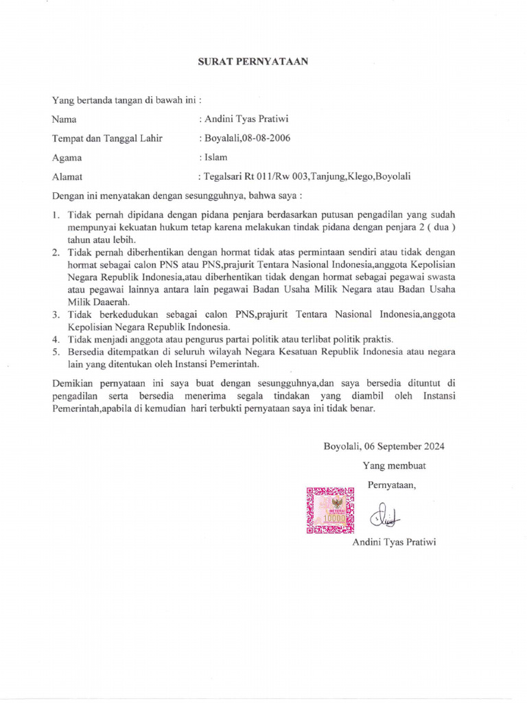 Surat Pernyataan Cpns Beserta Penempatan E-Materai | PDF