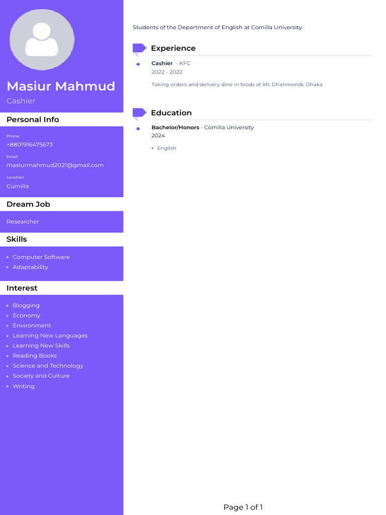 Masiur Mahmud: Cashier | PDF
