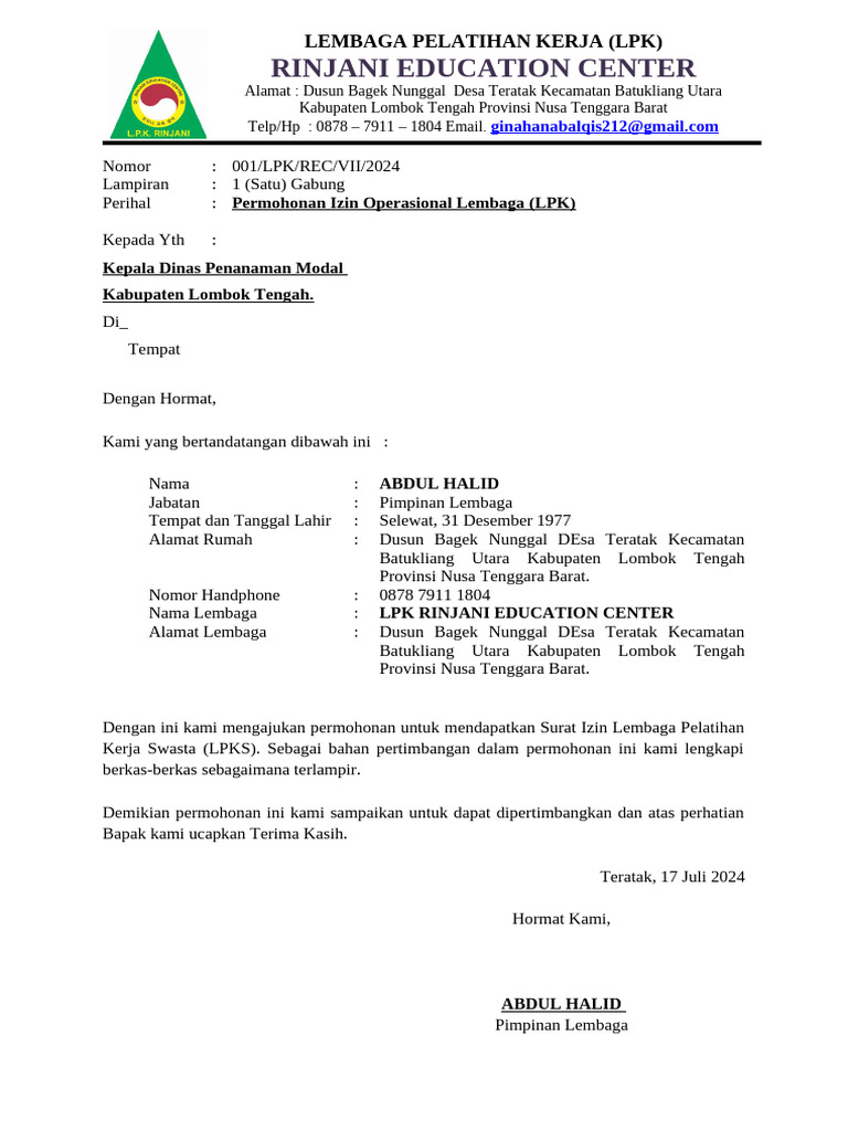 ISI Proposal Ijin LPK Acc | PDF
