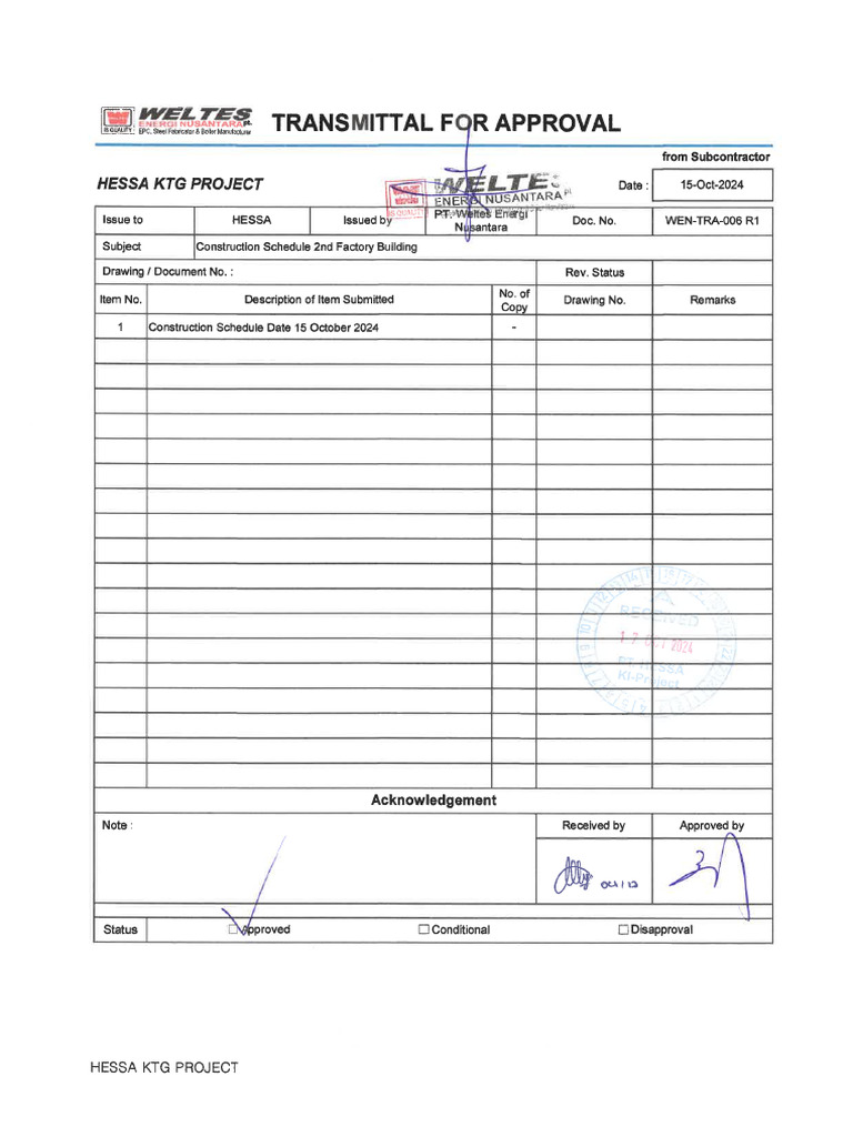 WEN-TRA-006 R1 - Construction Schedule 2nd Factory Building - Reply | PDF