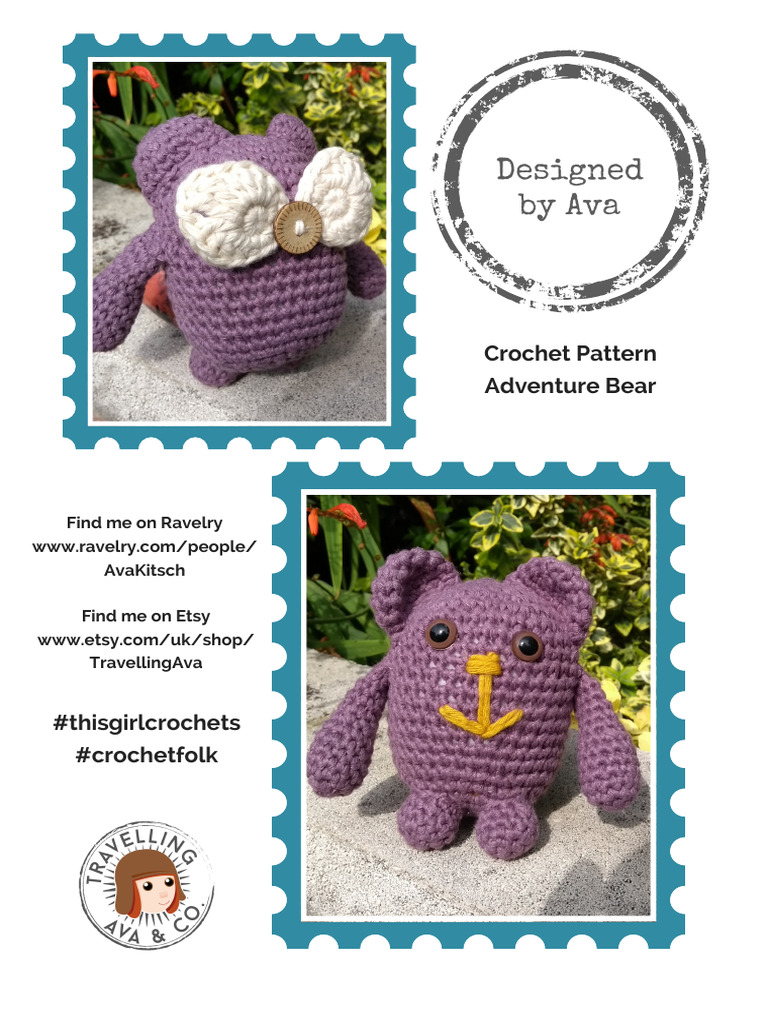 Designed by Ava: Crochet Pattern Adventure Bear | PDF | Crochet | Sewing