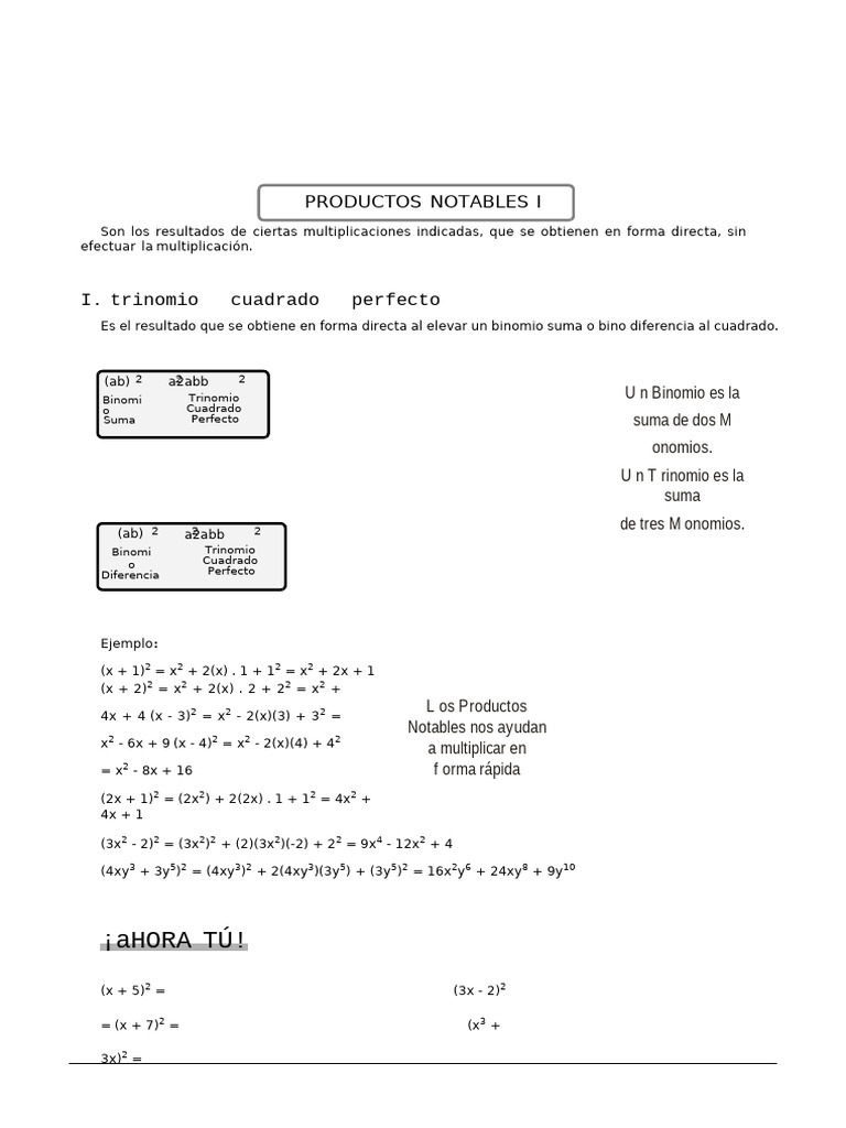 Productos Notables y Trinomios Cuadrados | PDF | Álgebra | Álgebra ...