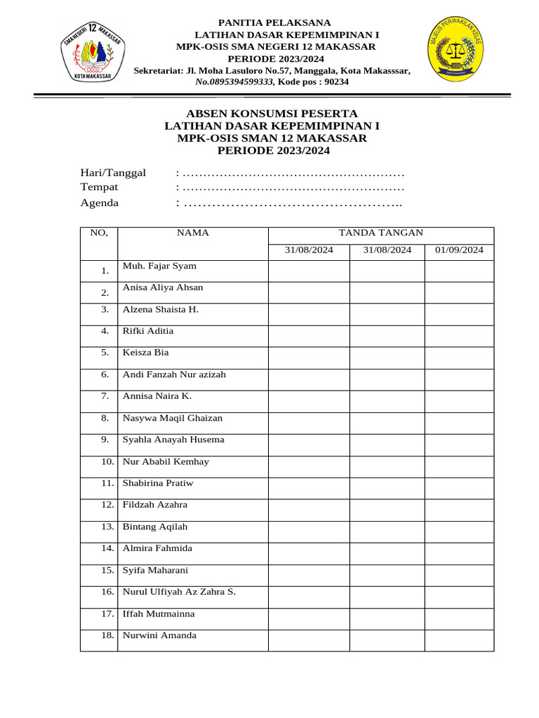 Absen Konsumsi LDK I SMAN 12 2023/2024 | PDF