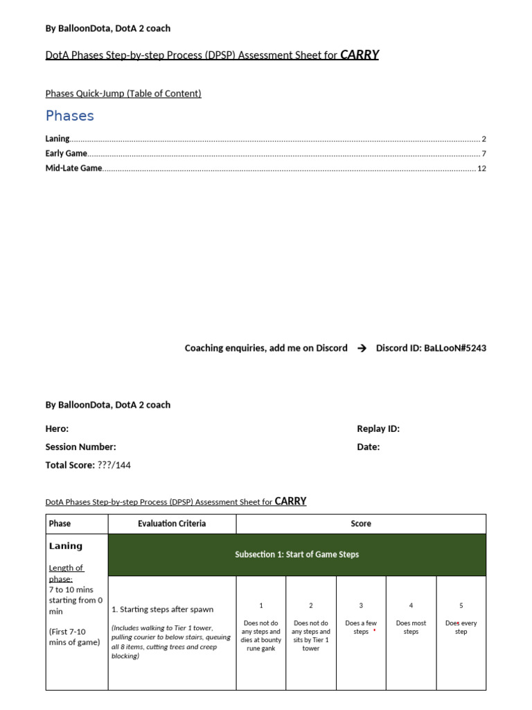 DotA Phases Step-By-Step Process (DPSP) Assessment Sheet (CARRY) | PDF
