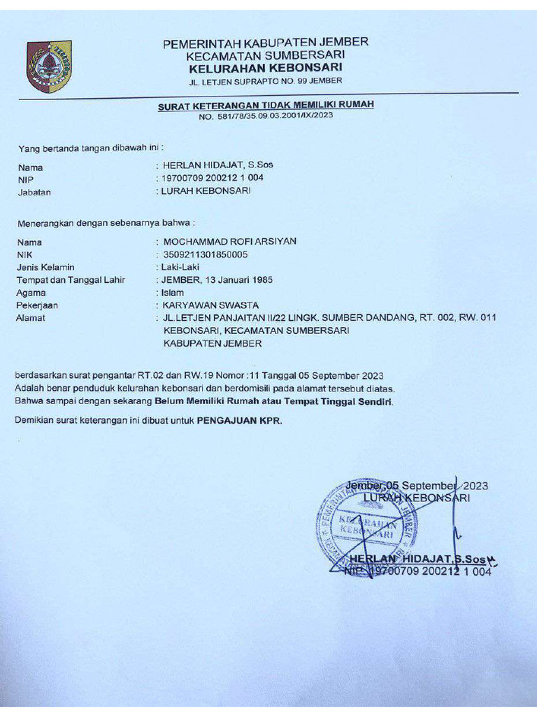 Suket Belum Punya Rumah Dan Belum Menikah Kelurahan - Rofi | PDF