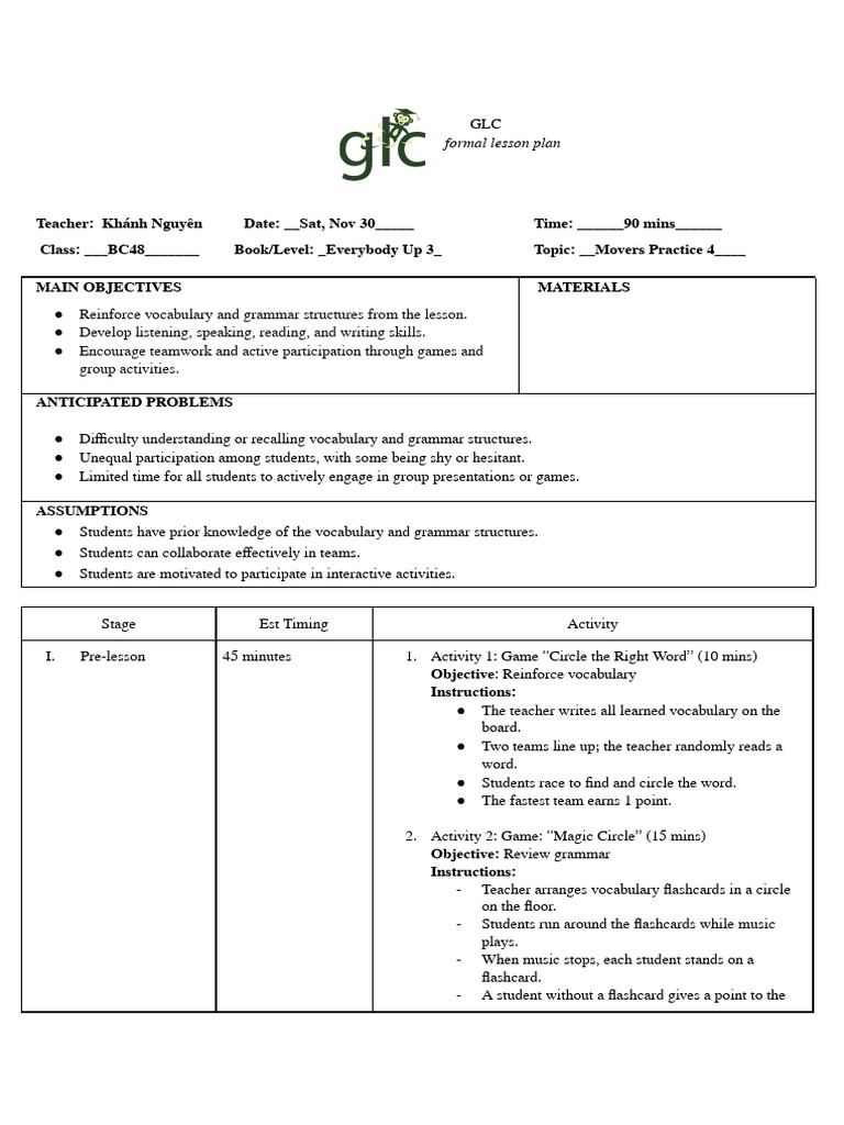 GLC-Lesson Plan - Eu3 - Review | PDF | Vocabulary | Behavior Modification