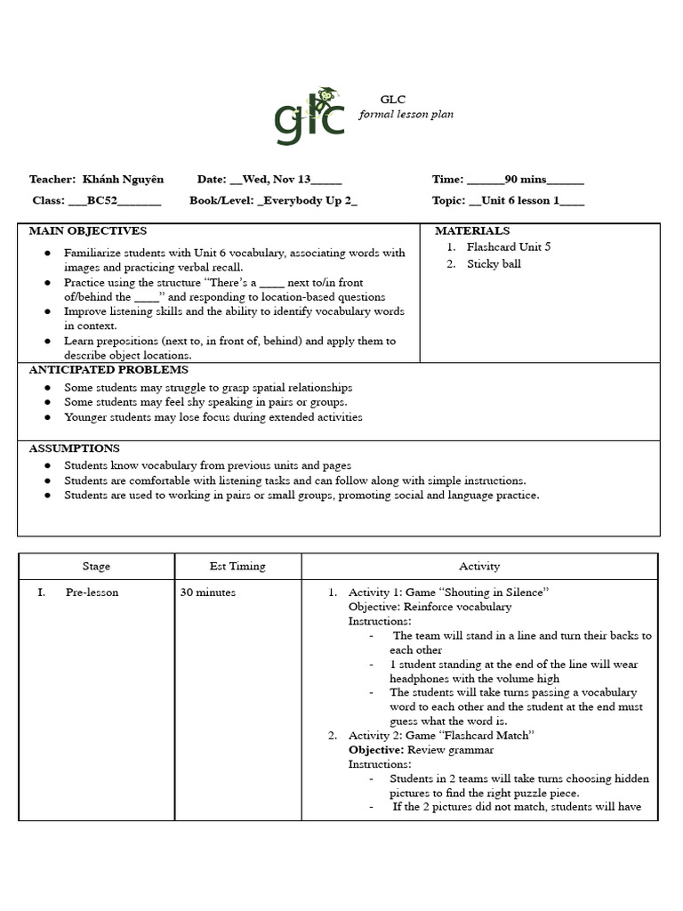 Lesson Plan - EU2 - Unit 6 - Lesson 1 | PDF | Vocabulary | Cognitive ...
