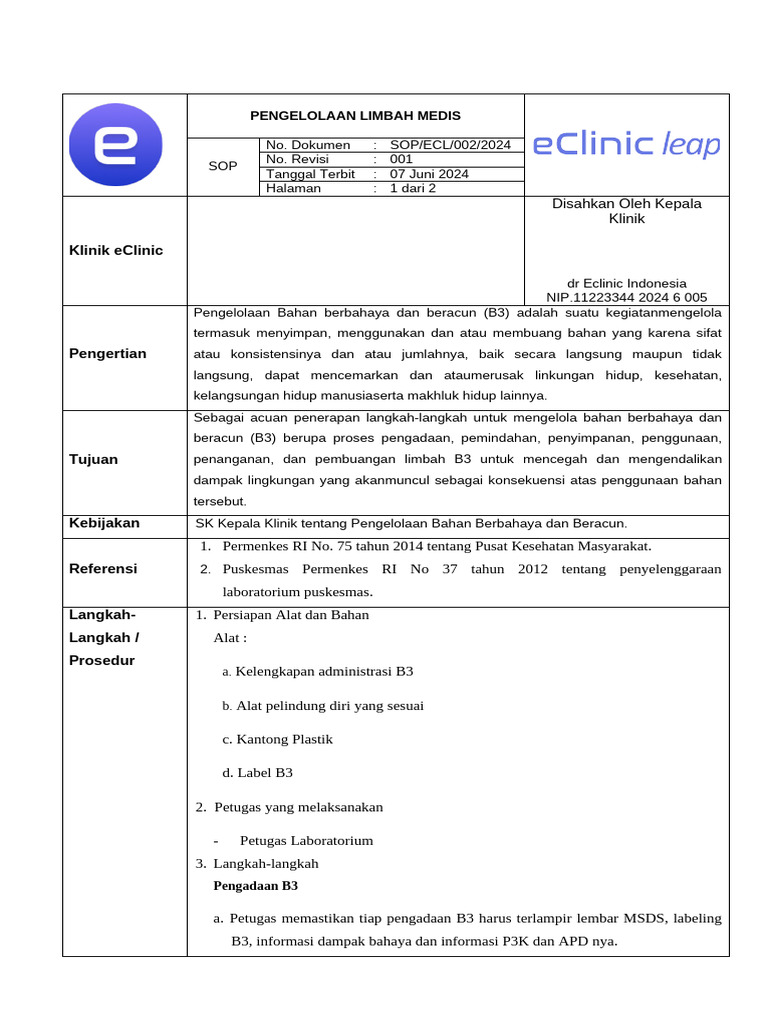 Contoh SOP Pengelolaan Limbah Medis | PDF