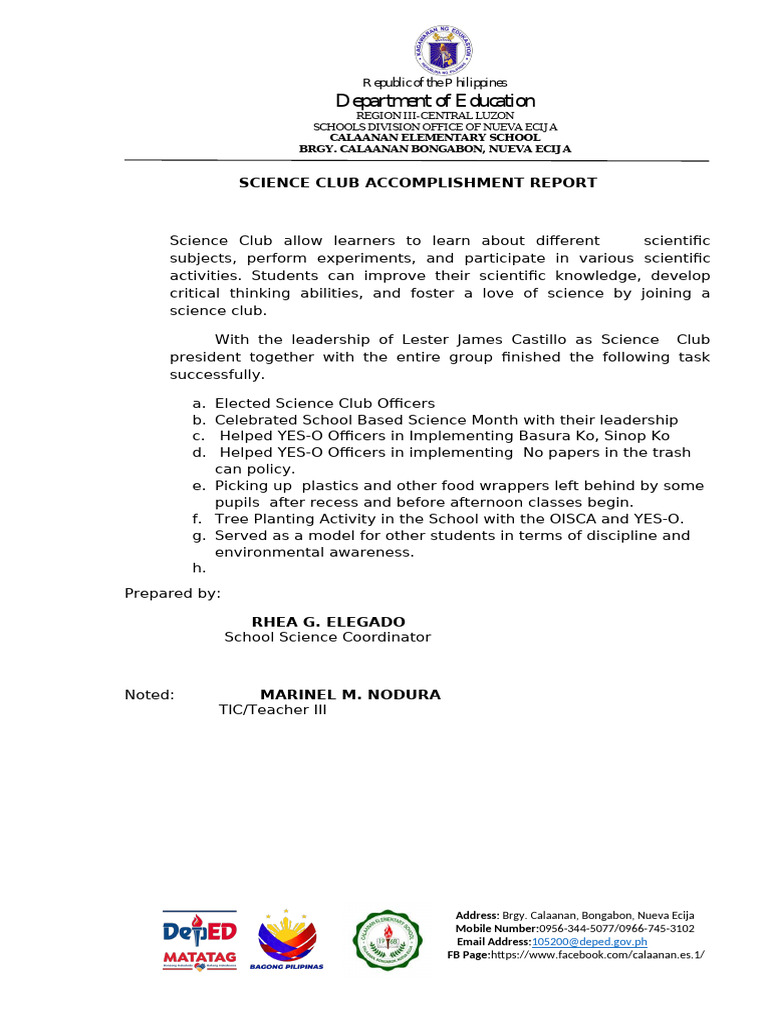 Science Club Accomplishment Report 1 | PDF