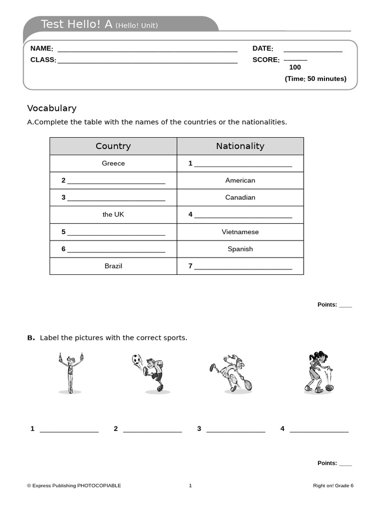 01 RO gr6 Test Hello A Hello Unit | PDF | Grammar | Linguistics