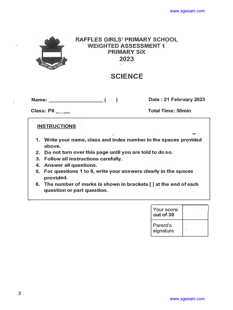Primary 6 Science Assessment 2023 | PDF | Oxygen | Water