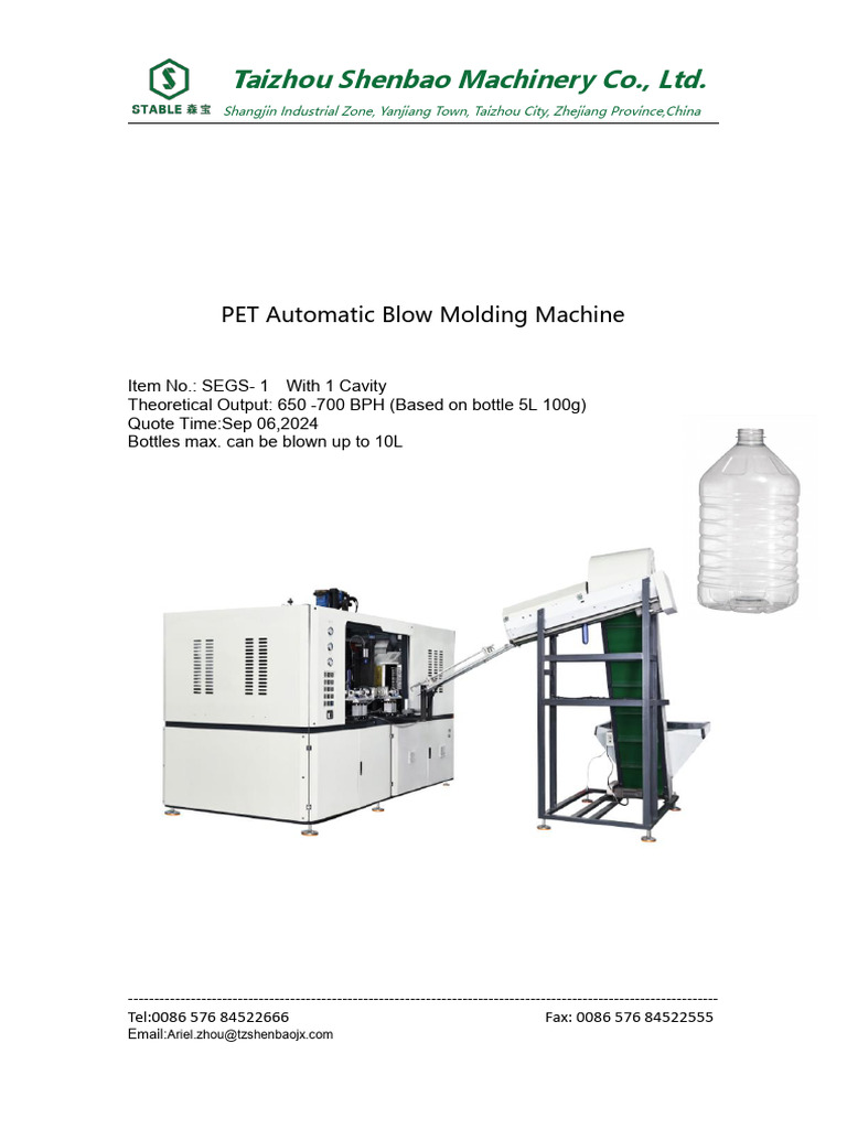 Quotation For 1 Cavity 10L Blowing Machine - Removed - Removed | PDF