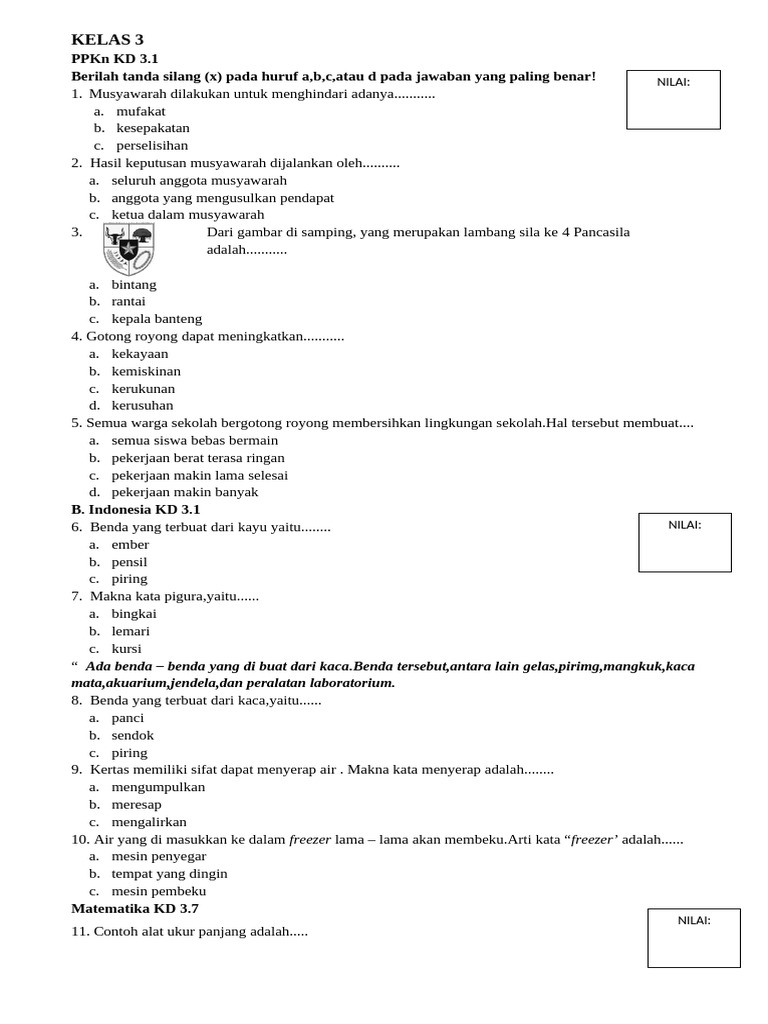 Soal Ujian PPKn dan Matematika Kelas 3 | PDF