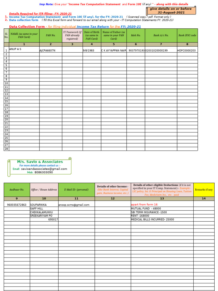 Income Tax Return Filing (ITR) - Details FY 2020 - 21 ANUP | PDF ...