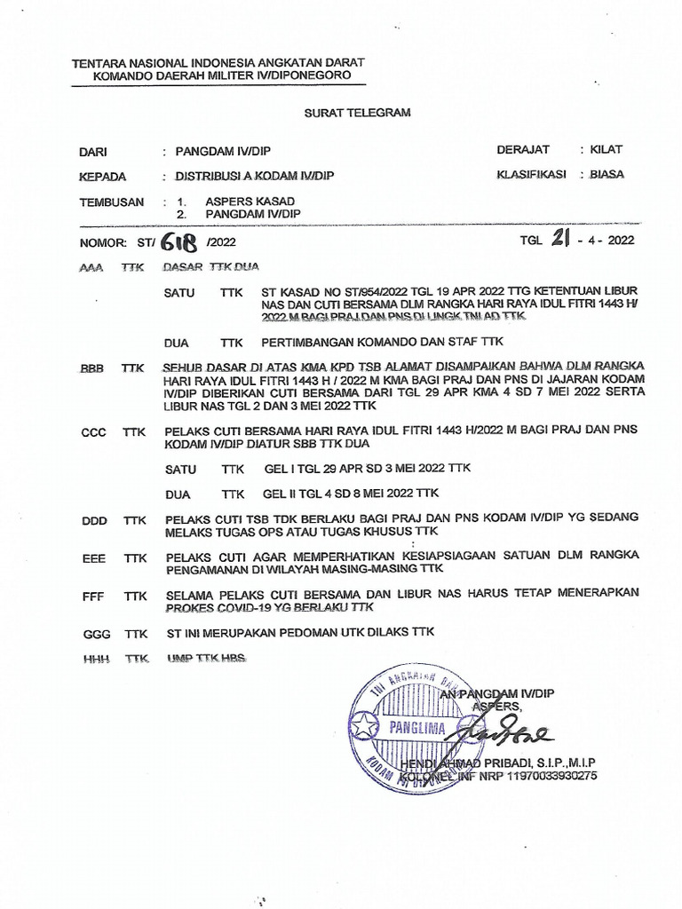 ST 618 Cuti Bersama Dan Libur Lebaran Ta 2022 | PDF