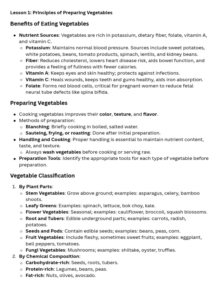 Lesson 1 Principles of Preparing Vegetables | PDF | Vegetables | Cooking