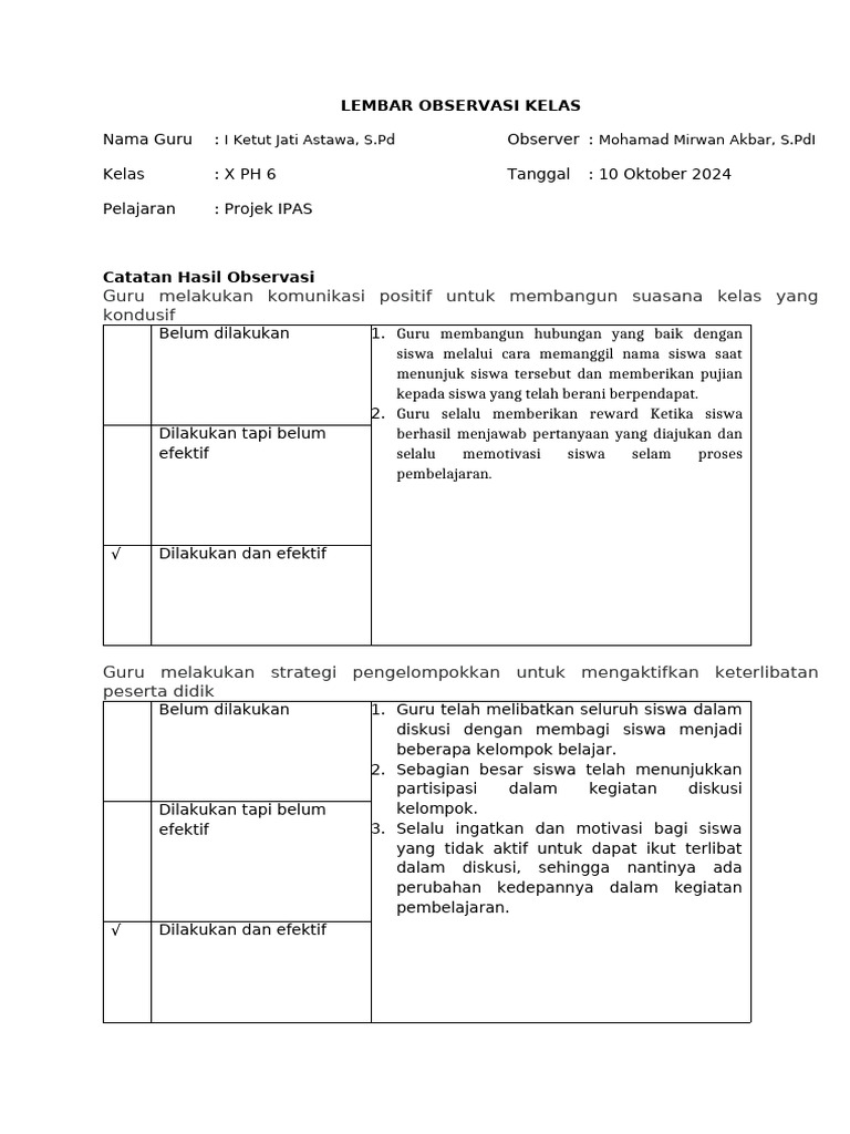Lembar Observasi Kelas PMM PaK Jati-IPAS | PDF