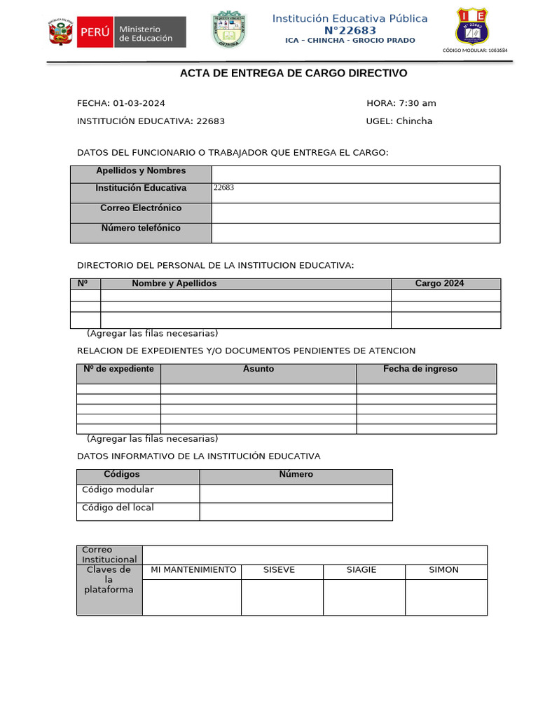 ENTREGA de CARGO para - Directivos - Iiee | PDF