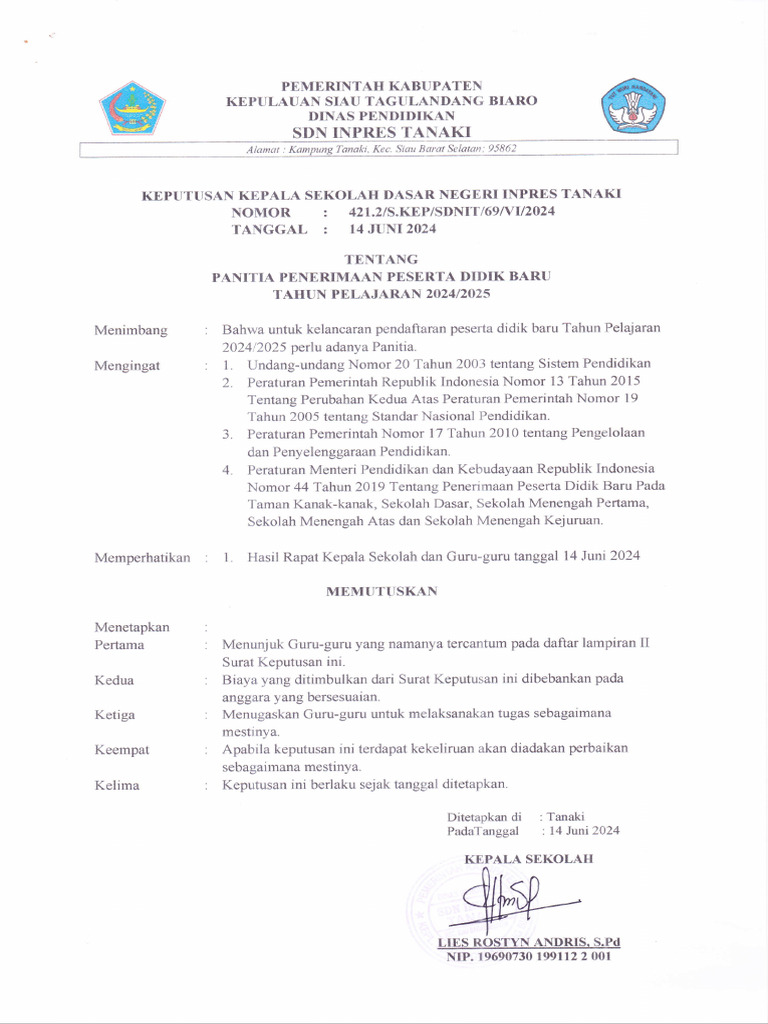 SK Panitia Penerimaan Peserta Didik Baru 2024 | PDF