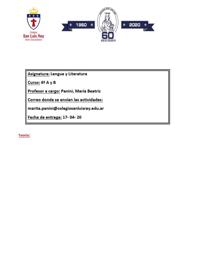Lengua y Literatura 4º A y B Entregar 17 de Abril | PDF