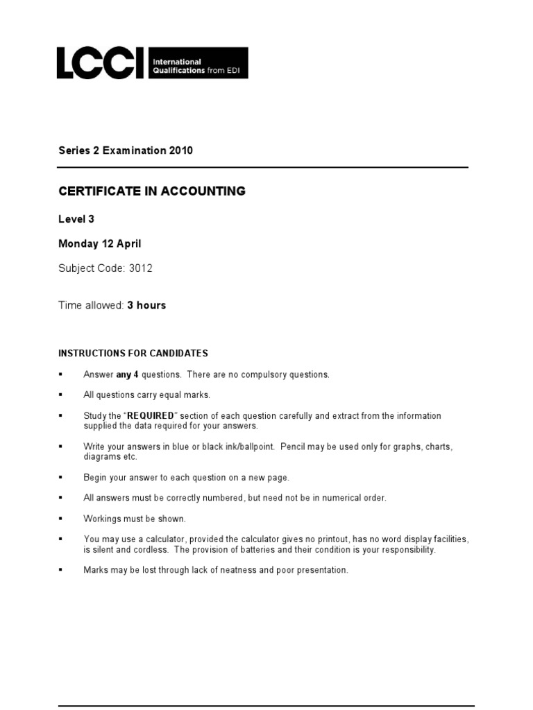 2010 LCCI Level 3 Series 2 Question Paper (Code 3012) | Book Value ...