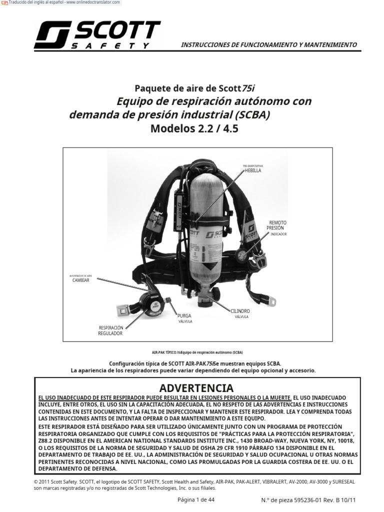 Instrucciones SCBA Scott75i | PDF | Administración de Seguridad y Salud ...