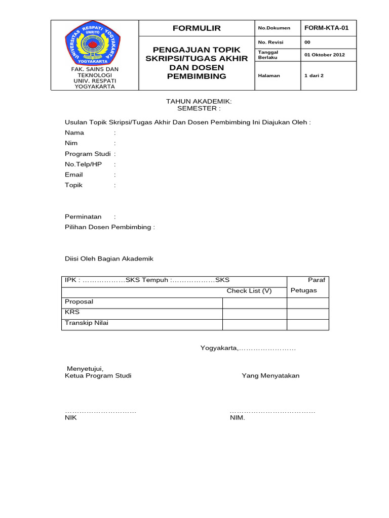 Formulir Pengajuan Judul SkripsiTA | PDF