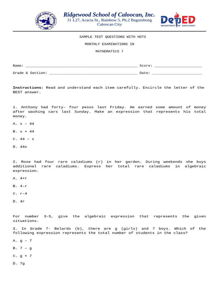 Math Test Questions for Grades 7-10 | PDF | Elementary Geometry