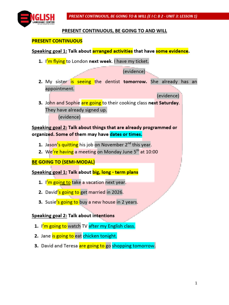 Be Going To, Present Continuous and Will - Lesson 1 | PDF